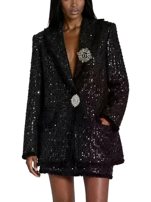 Philipp Plein Tweed Boyfriend's Fit Blazer Paillettes - Black