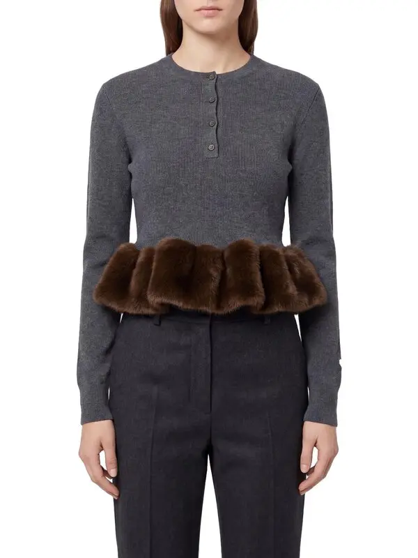 Stella McCartney Ruffle Detail Wool Blend Crewneck Sweater - Grey