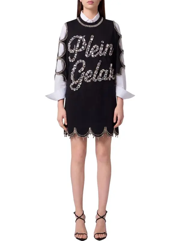 Philipp Plein Cut-out Cotton Sheath Mini Dress With Rhinestones - Black