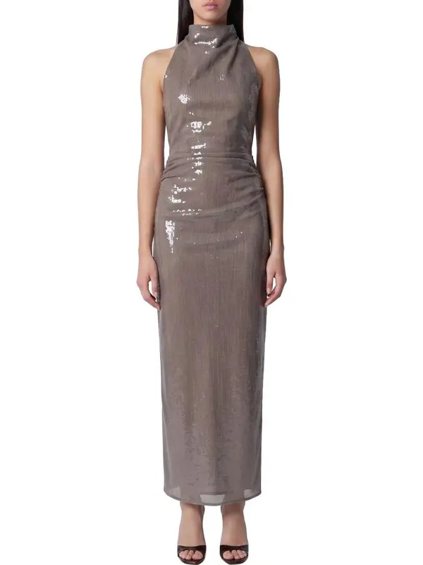 ROTATE BY BIRGER CHRISTENSEN Long Sequin-embellished Sheath Gown With Halter Neck - Mud