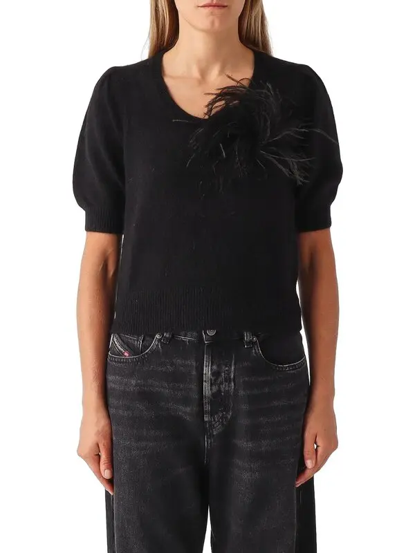 TWINSET Cropped Wool-blend Sweater With Puff Sleeves - Black