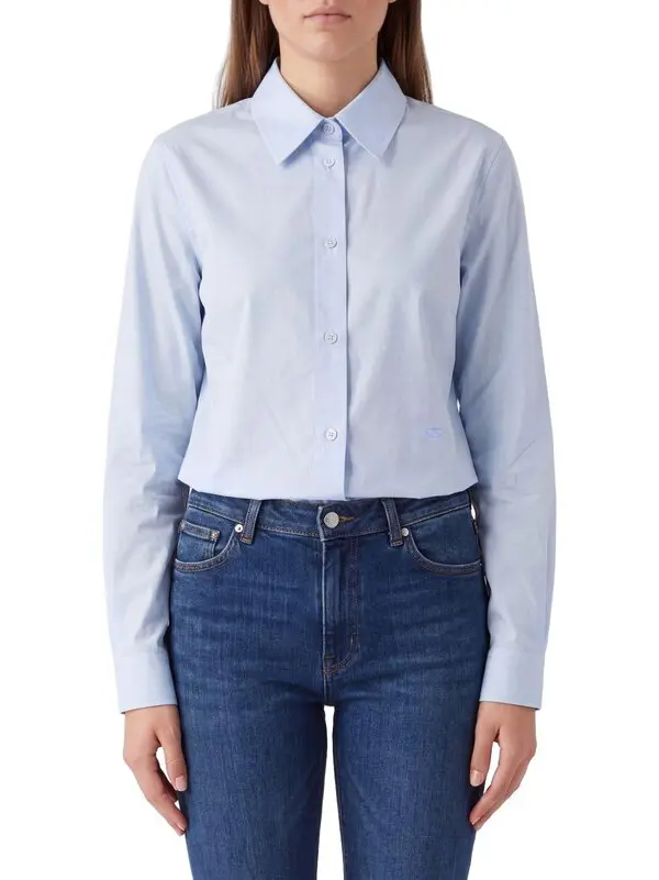 Burberry Slim Fit Cotton Shirt With French Collar And Curved Hem - Blue