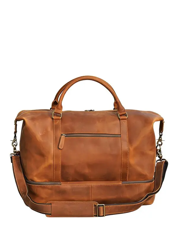TOURI Genuine Leather Duffle Travel Bag With Suit Compartment - Brown