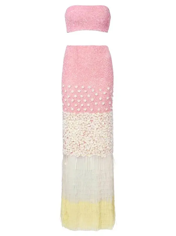 LA FUORI Sunrise Sequin Embellished Bandeau Top And Maxi Skirt Set With Fringe Detail - Multicoloured