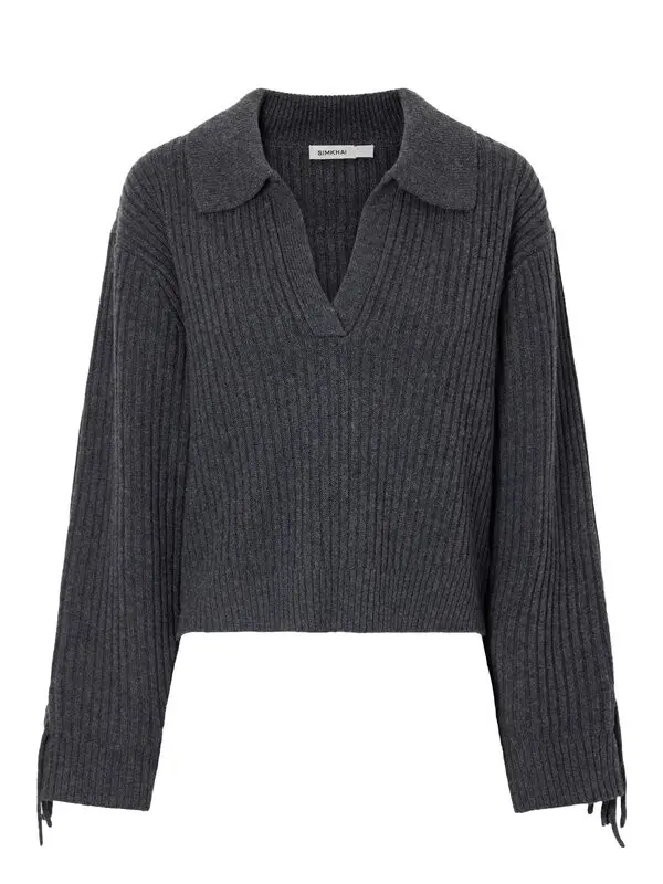 Simkhai Natalia Fringed Ribbed Wool And Recycled Cashmere-blend Polo Sweater - Gray