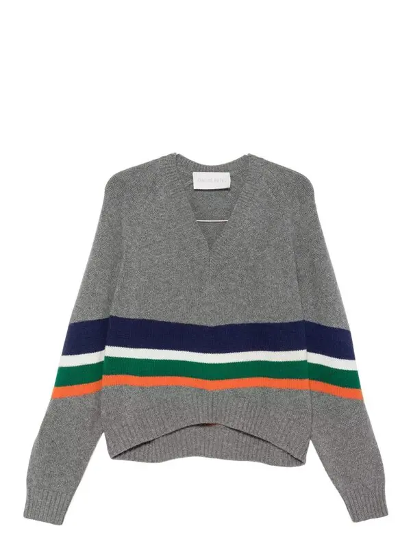 CIRCUS HOTEL Striped V-neck Sweater - Grey