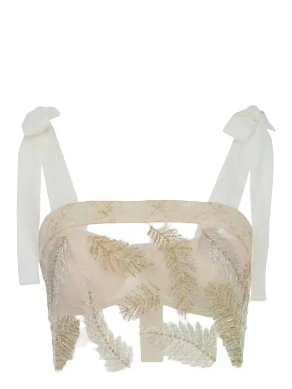 Elisabetta Franchi Tulle And Tweed Top With Feathers - Neutrals
