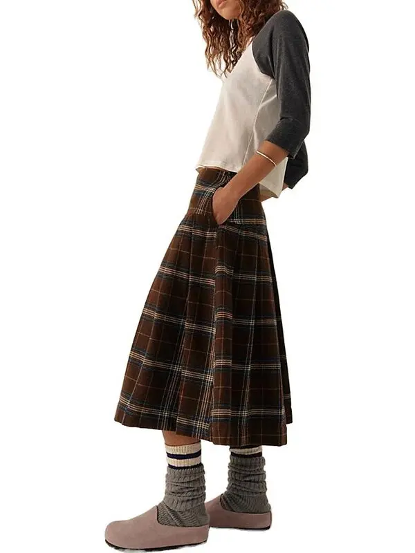 We The Free Skipper Pleated Plaid Midi Skirt At - Chocolate Combo