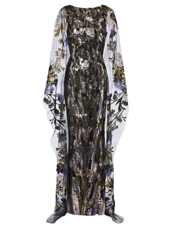 Elie Saab Floral Sequined Caped Gown - Multicoloured