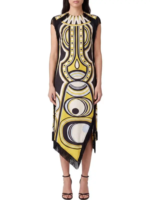 La DoubleJ Scarf Silk Midi Dress With Ethnic Pattern And Asymmetric Hem - Multicolor