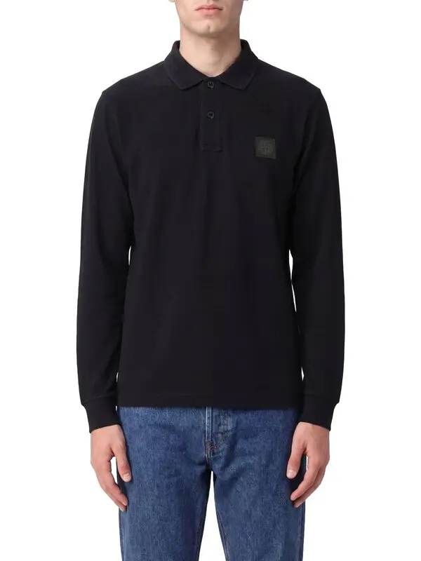 Stone Island Slim Fit Long-sleeved Cotton Polo With Compass Logo - Black