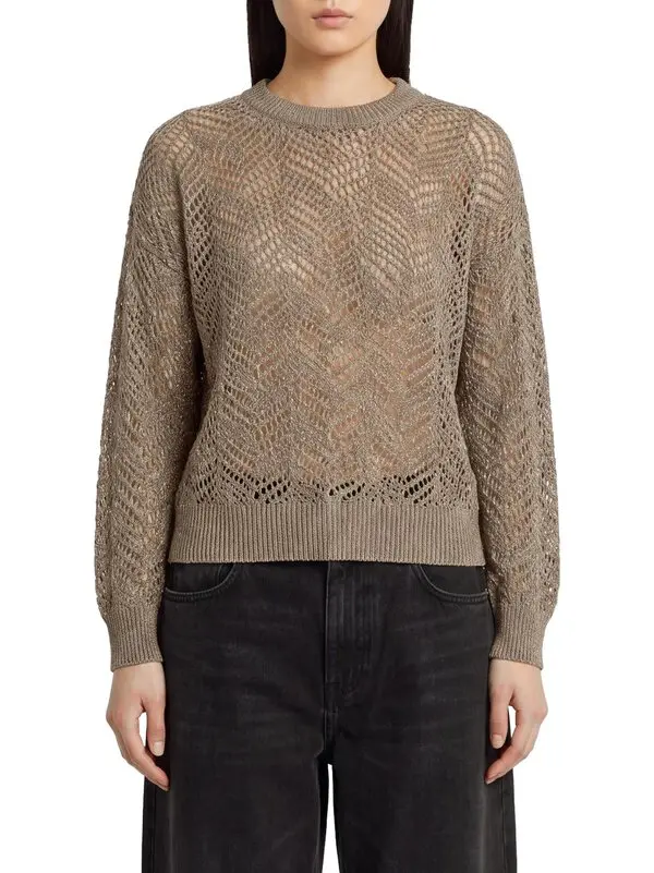 Brunello Cucinelli Openwork Mohair Crew Neck Sweater - Grey 1