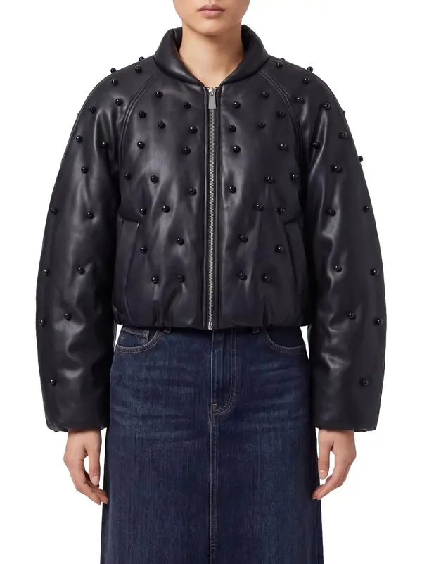 Pinko Beaded Faux Leather Bomber Jacket With Shawl Collar - Black