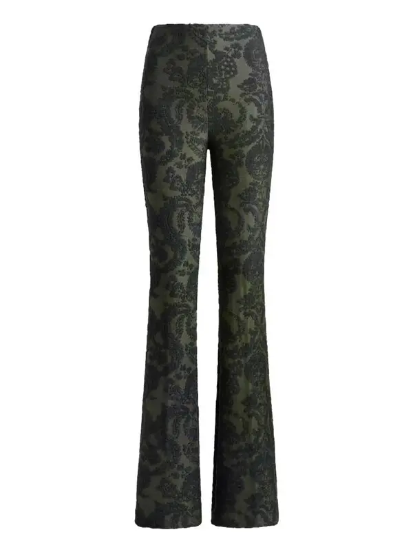 Etro Flared Trousers In Chenille Jacquard With Paisley Foliage Motif - Green