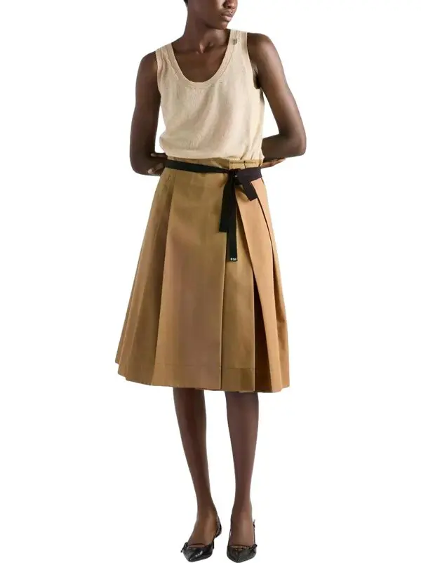 Prada Gabardine Skirt With Pleats And Contrast Belt - Neutrals
