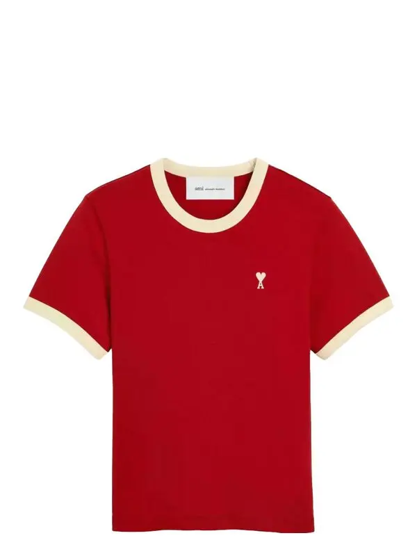 AMI Paris Contrasted Cotton T-shirt With De Coeur Embroidery - Red