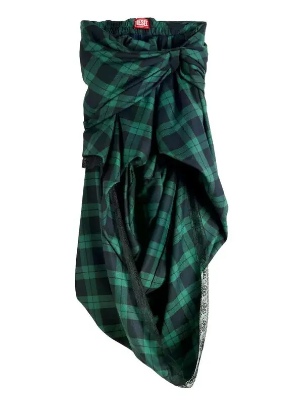 DIESEL® Draped Tartan Midi Skirt With Lace Trim - Green