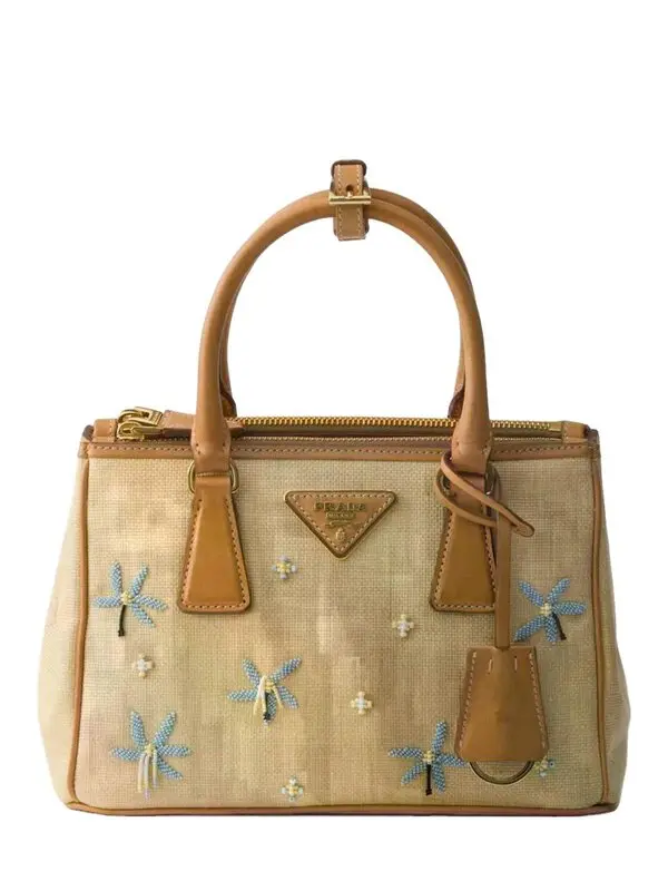 Prada Galleria Small Canvas And Leather Embroidered Bag - Neutrals