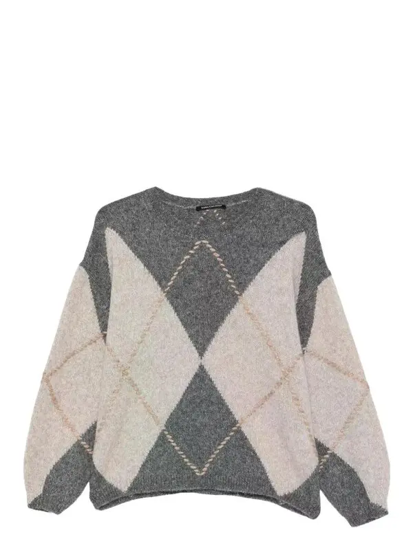 LUISA CERANO Argyle Patterned Whipstitch Trim Crew Neck Sweater - Grey