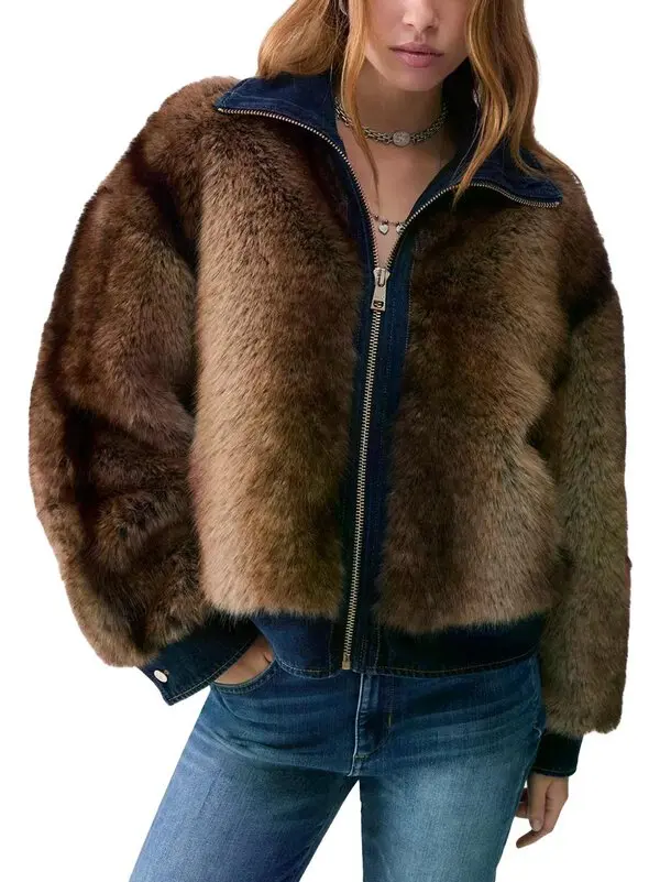 Liu Jo Faux Fur And Denim Jacket - Neutrals