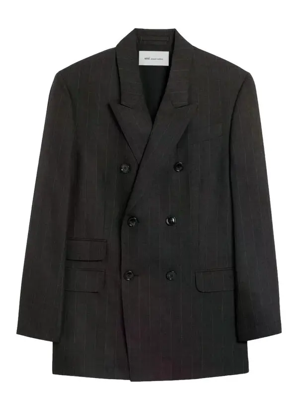 AMI Paris Double-breasted Striped Wool Blazer - Grey