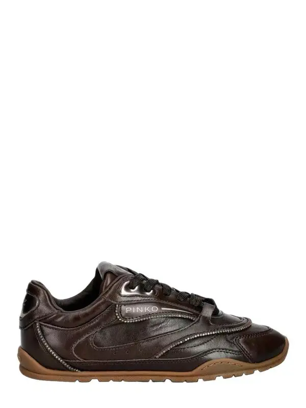 Pinko Crystal Embellished Leather Sneakers - Brown