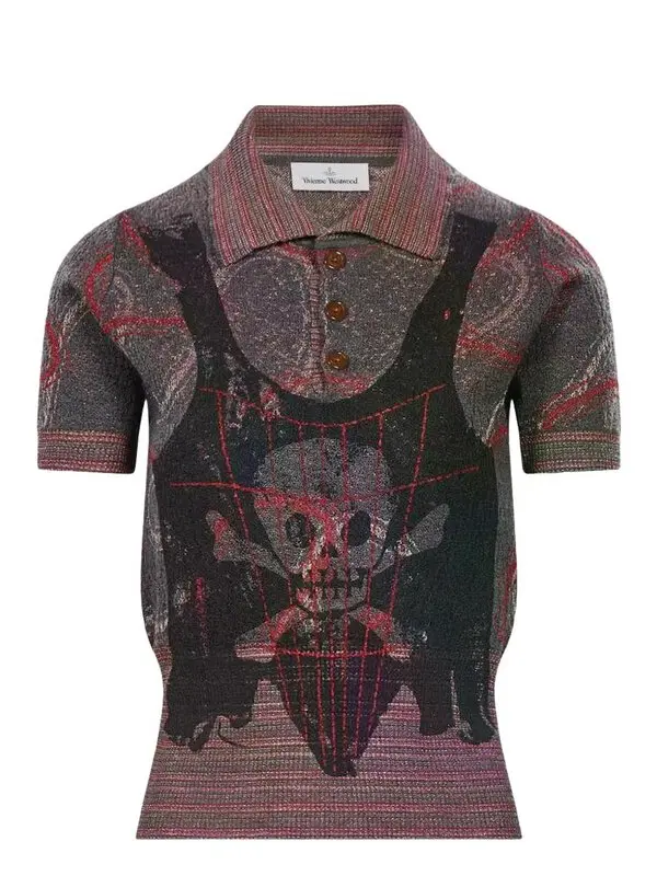 VIVIENNE WESTWOOD Knitted Skull Print Polo Shirt - Grey