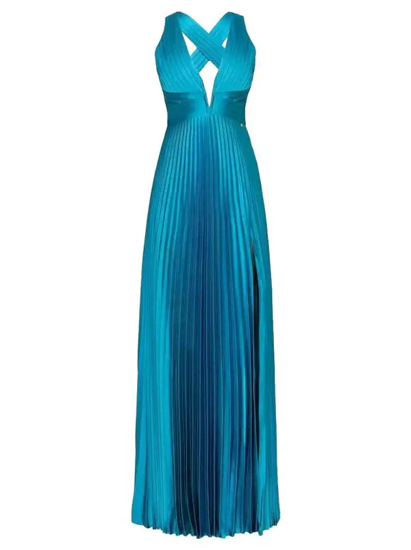 NISSA Pleated Satin Maxi Dress - Blue