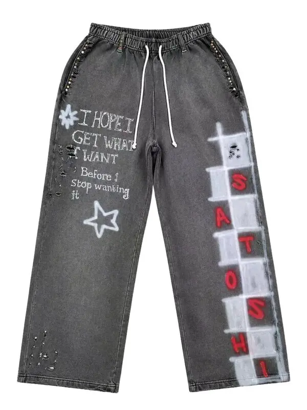 SATOSHI NAKAMOTO Get What I Want Distressed Graffiti-print Trousers - Grey