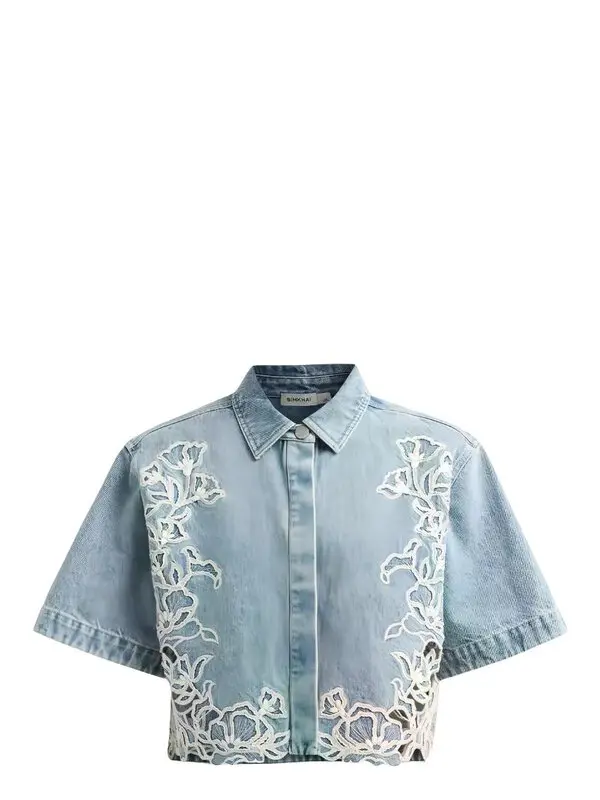 Simkhai Albaine Embroidered Denim Cropped Shirt - Blue