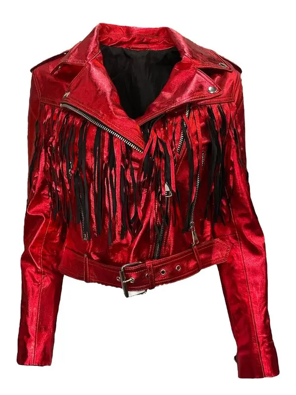 ANY OLD IRON Red Peril Metallic Leather Fringe Moto Jacket - Red/silver