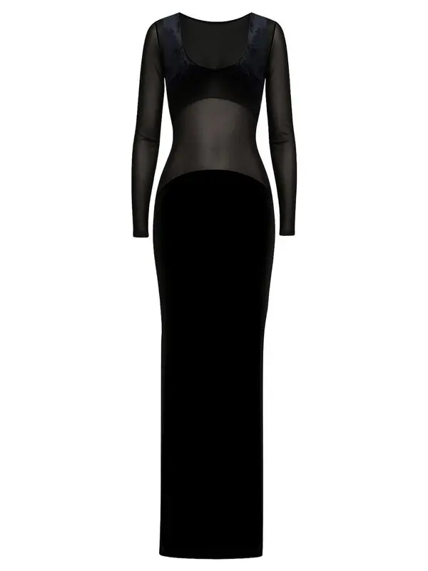 MODA GLAM Velvet & Sheer Mesh Maxi Gown - Black