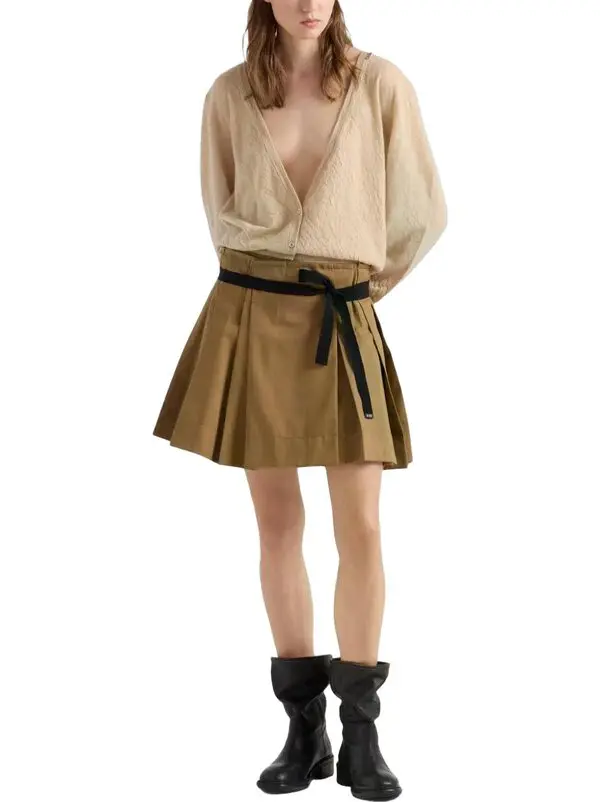 Prada Gabardine Flared Mini Skirt With Grosgrain Belt - Neutrals