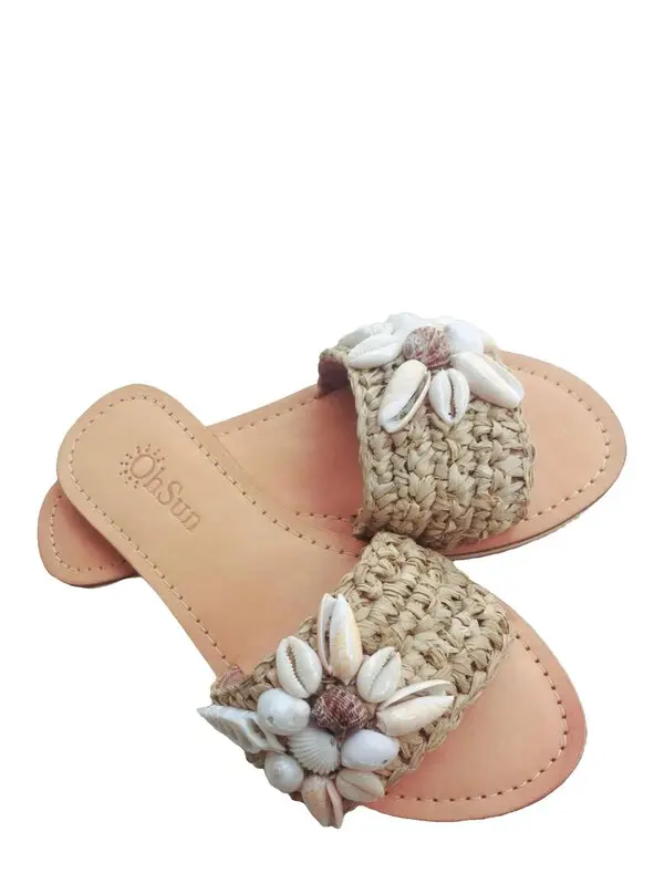 OHSUN Raffia And Shell Embellished Slides - Black