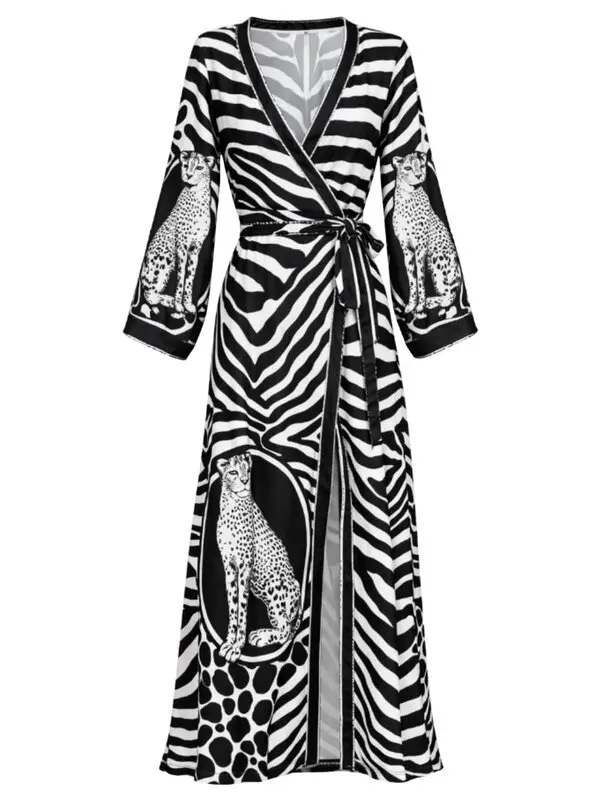 ANNIA LOUISA Maxi Wrap Dress With Animal Print And Crystal Embellishments - Black/white