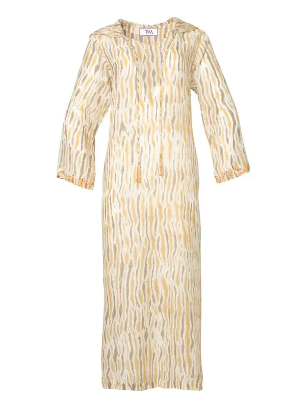 TIGER AND THE MONKEY Neutrals / The Ruthie Silk And Organic Cotton Yellow Tiger Print Embroidered Kaftan Dress - Brown
