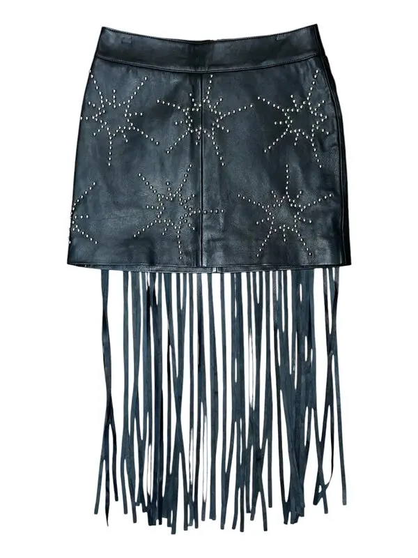 ANY OLD IRON Studded Starburst Leather Mini Skirt With Fringe - Black/silver