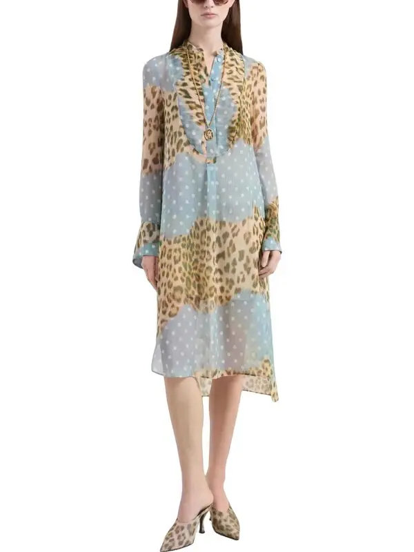 Nina Ricci Leopard And Polka-dot Print Shirt Midi Dress - Blue