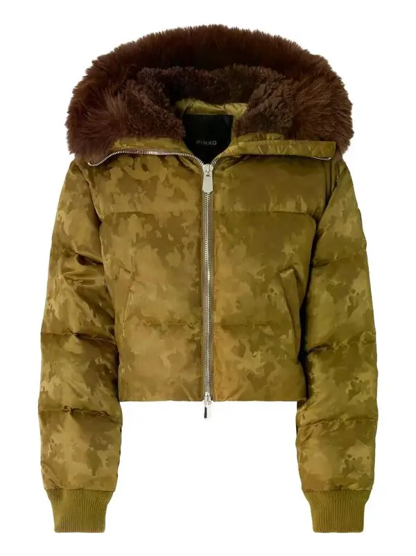 Pinko Short Down Jacket In Technical Satin With Camouflage Motif - Green