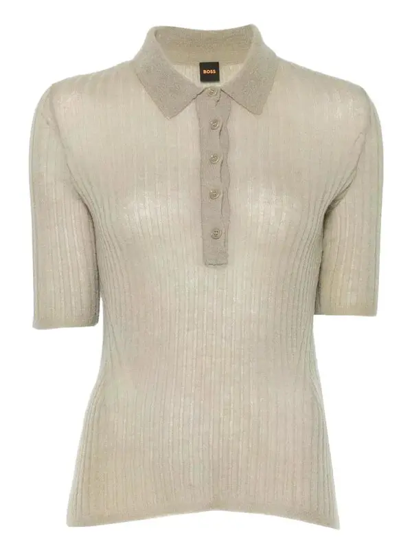 BOSS Ribbed-knit Polo Top - Neutrals