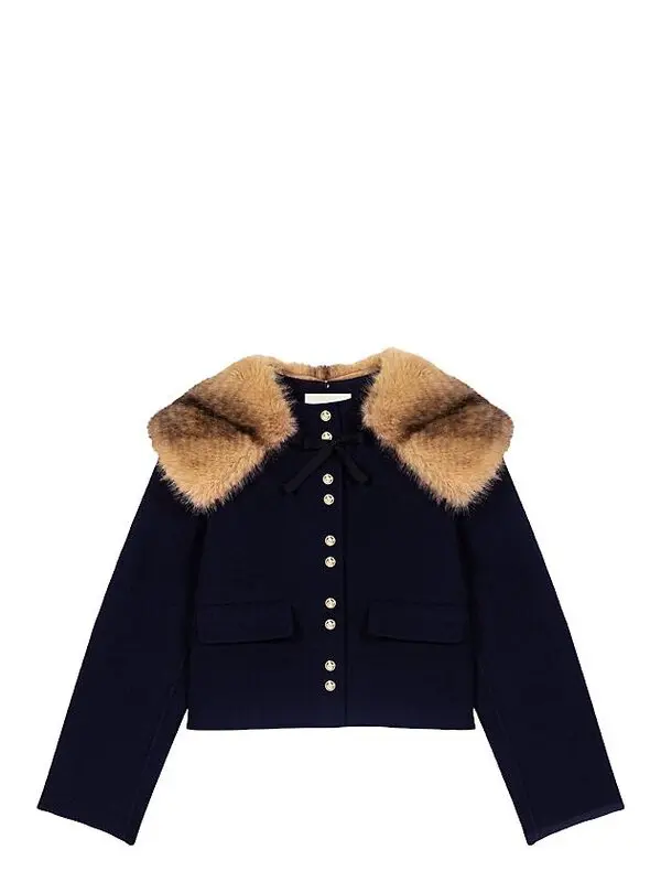 Maje Faux Fur-collar Double-faced Wool-blend Coat - Navy