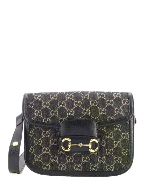 Gucci Horsebit 1955 Gg Denim Small Shoulder Bag - Black