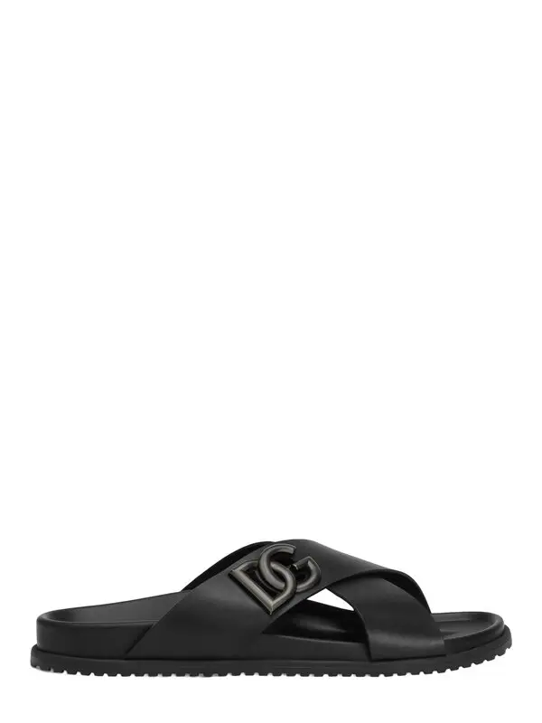 Dolce & Gabbana Calfskin Sandals With Embossed Dg Detail - Black