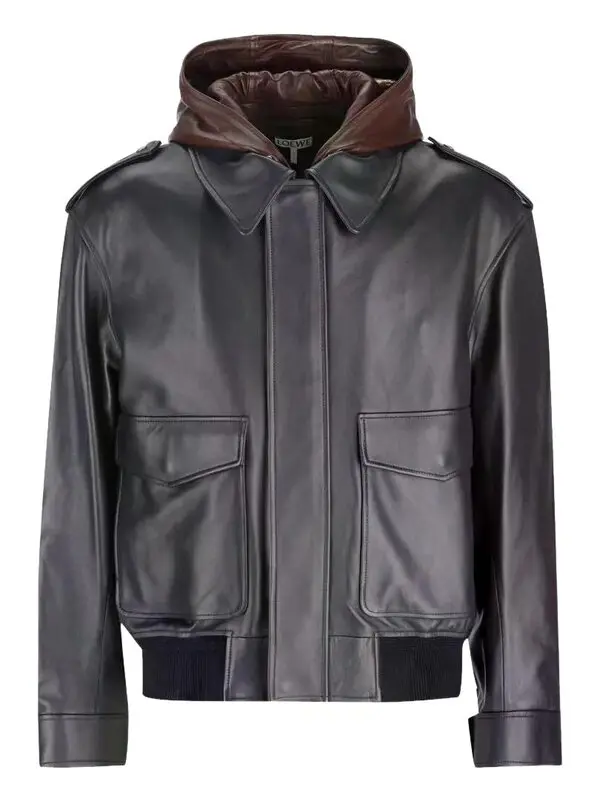 Loewe Layered Hooded Leather Jacket - Grey