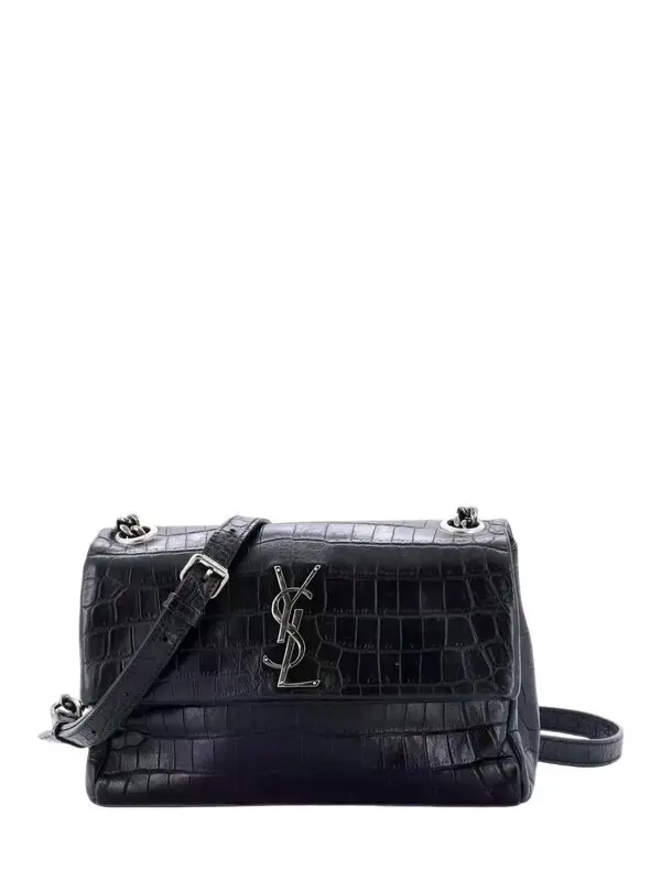 Saint Laurent Crocodile Embossed Leather Shoulder Bag - Black