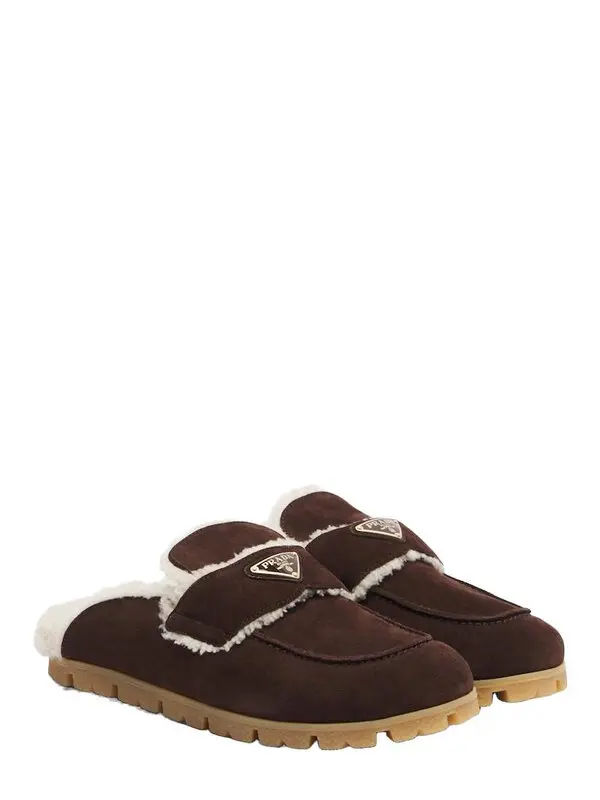 Prada Shearling-lined Suede Mules - Brown
