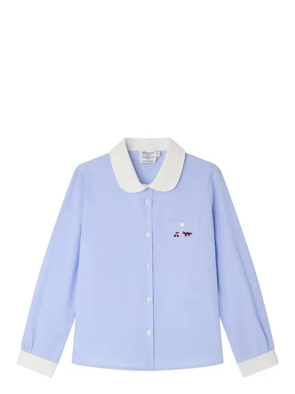 Bonpoint X Maison Kitsuné Cotton Embroidered Shirt With Peter Pan Collar - Blue
