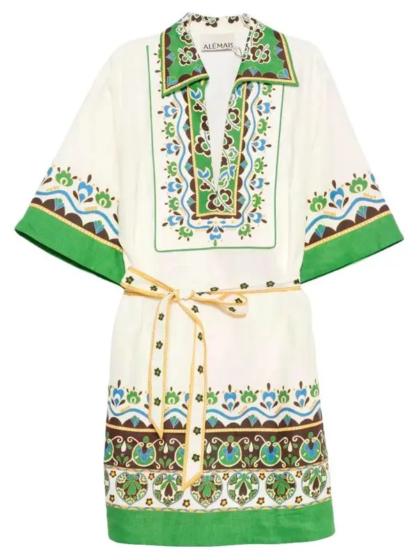 ALEMAIS Bridgette Graphic-print Belted Mini Dress - Neutrals