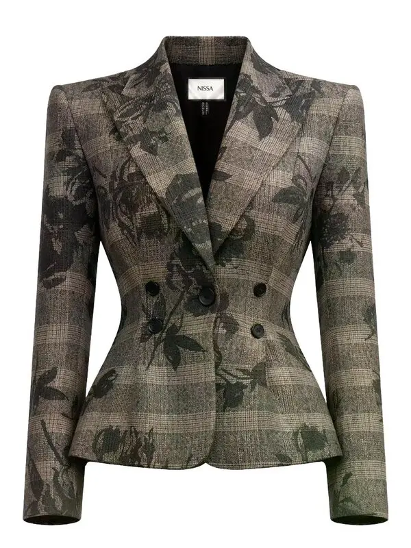 NISSA Single-breasted Fitted Blazer With Floral Check Print - Grey