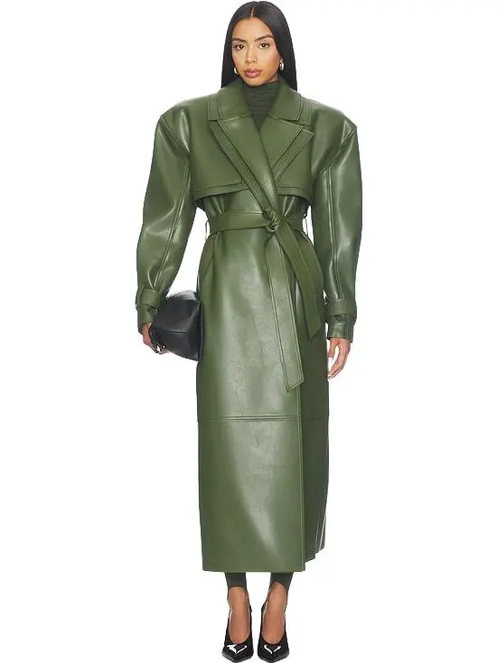 Naked Wardrobe Double Collar Faux Leather Trench Coat - Olive